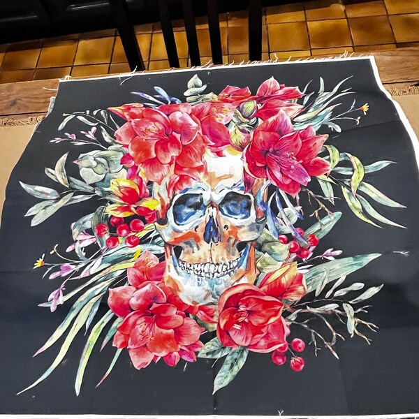 Skull Panel Fabrics Surrounded by Flowers | Pillow | Viva Skull | Panel ...