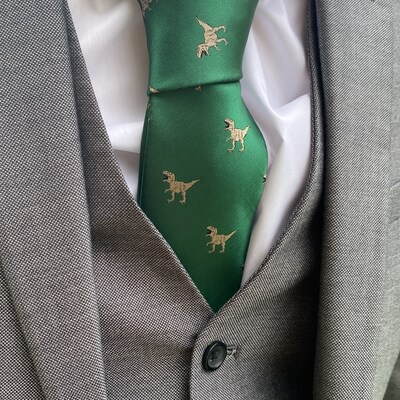 Dark Green Tie With Dinosaur T-rex Embroidered Design by Frederick ...
