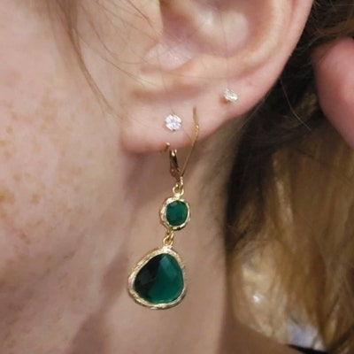 Emerald Green and Gold Earrings, Emerald Earrings, Vintage Earrings ...