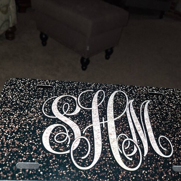 Black Glitter Monogram Printed Aluminum License Plate | Custom Plate ...