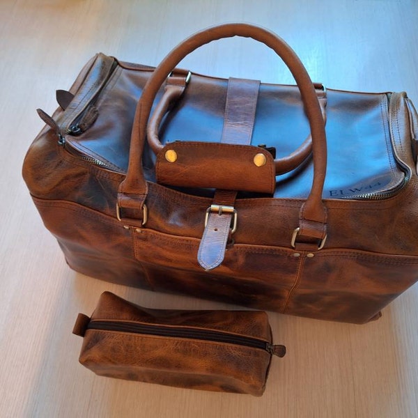 Handmade Full Grain Leather Duffle Bag, Laser Engraved Weekender Carry ...