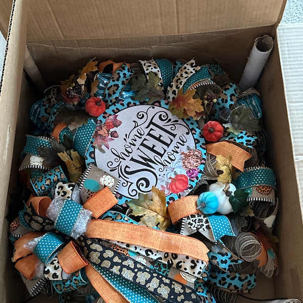 Fall Wreath: Cheetah, Turquoise, and Orange Pumpkin Decor - Etsy