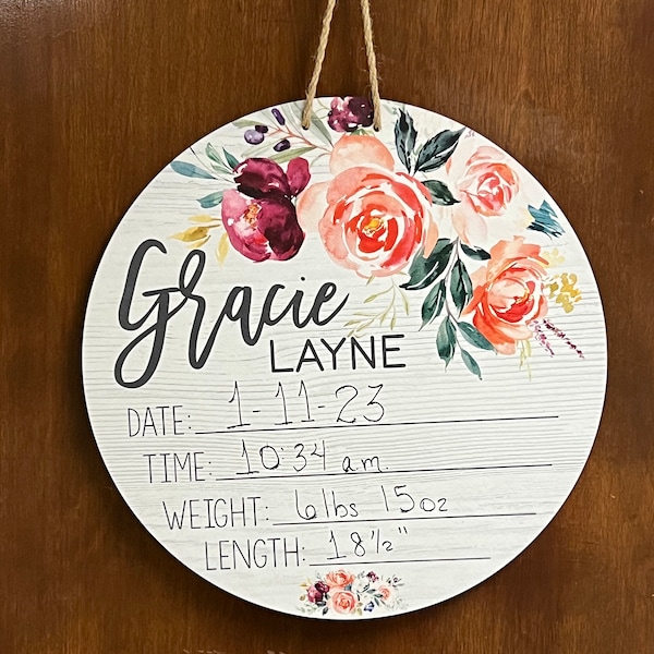 Floral Girl Birth Stat Sign, Pink Floral Birth Stat Sign, Round Wood ...