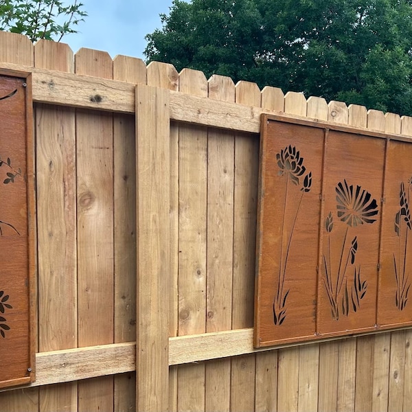Rusty Metal Flowers Fence Panel, Privacy Screen, Decorative Metal Art 3 ...