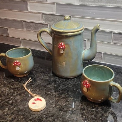 Hand-made Ceramic Mushroom Tea Pot Teapot Tea Cup Set Cups Stoneware ...