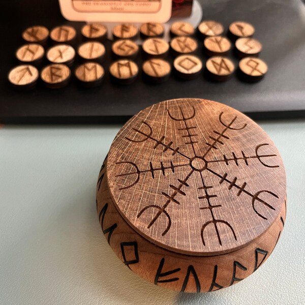 Hand Turned Alder Wood Box of 24 Dark Wood Runes Round Small Rune Set ...