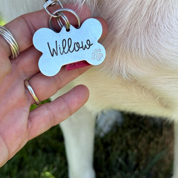Personalized Dog Bone ID Tag: Stainless Steel Pet Collar Tag With Paw ...