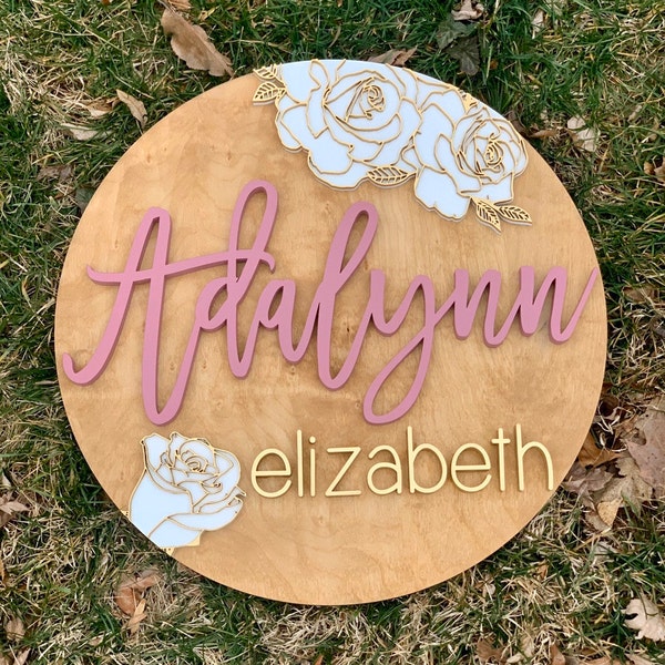 Wooden Name Sign Roses | 3D Name Sign Wood | Rose Nursery Decor |floral ...