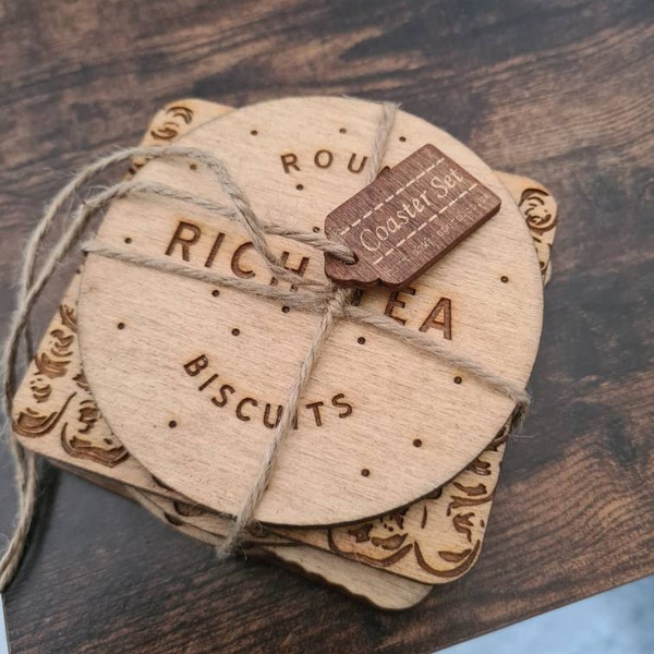 Set of 6 Classic Biscuit Coasters Wooden Bourbon, Custard Cream, Rich ...