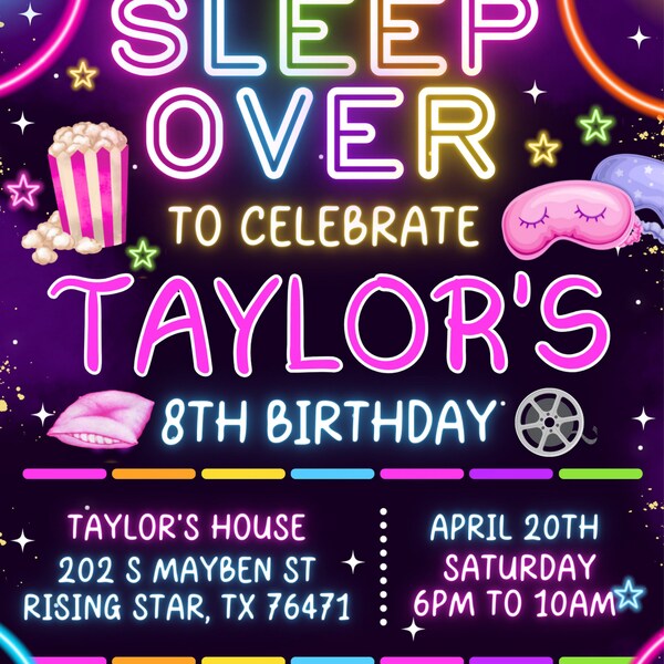 Editable Sleepover Birthday Invitation, Neon Sleepover Invite, Slumber ...