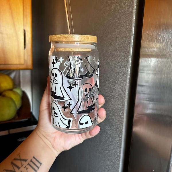 Ghost Beer Can Glass, Middle Finger Ghost Cup, Halloween Iced Coffee ...