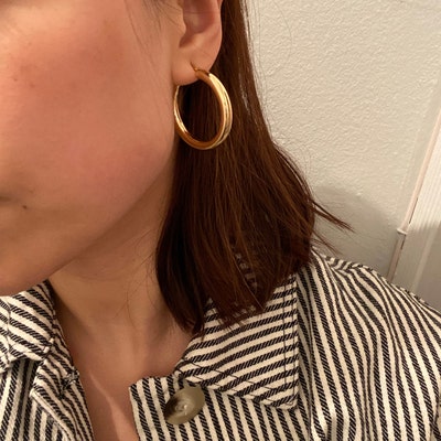 14k Yellow Gold Hoop Earrings Hollow Italian Gold Earrings Chunky Hoops ...