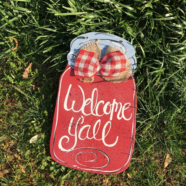 Mason Jar Door Hanger, Door Hanger, Red Mason Jar, Welcome Sign, Home ...