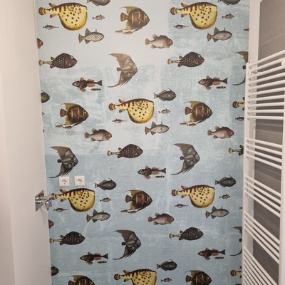 Vintage Fish Wallpaper, Marine Life Wall Art, Beach House Wall Decor ...