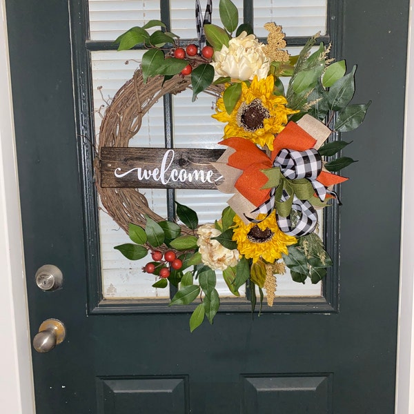 Fall Sunflower Welcome Wreath, Fall Wreath, Fall Farmhouse Wreath, Fall ...
