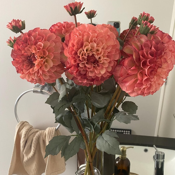 31.6" Artificial Dahlia Blossom Branch-dusty Coral Pink, Faux Flower ...