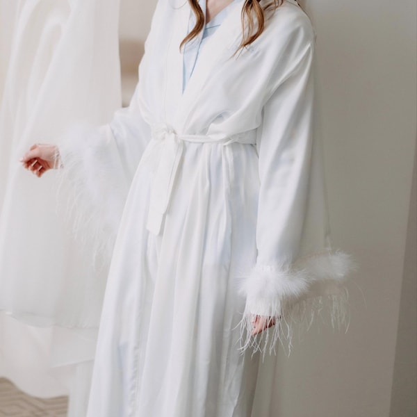 Feather Personalized Satin Long Luxe Robes, Luxury Bridal Loungewear ...