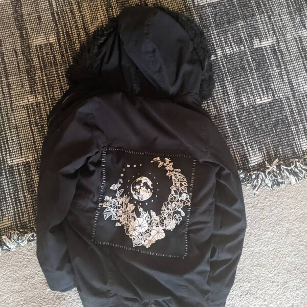 Moon Flower Back Patch Print on Black Cotton Canvas - Etsy