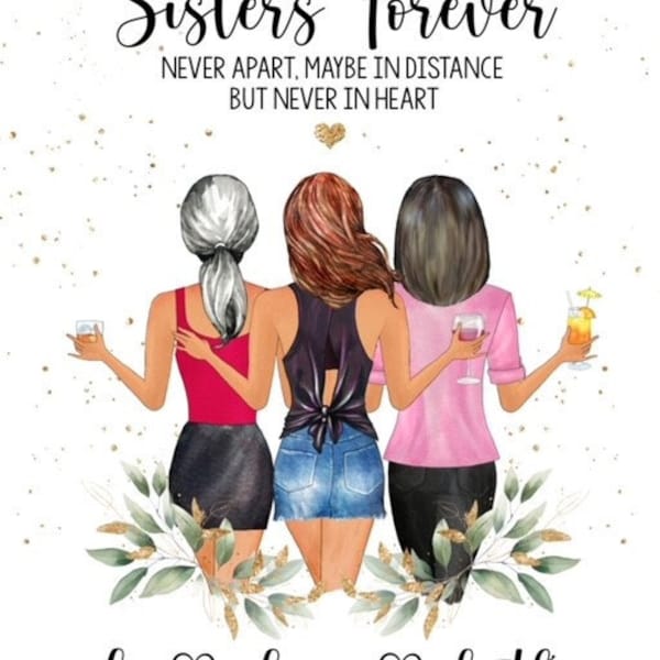Custom 3 Sisters Portrait | PRINTABLE Personalized Birthday Gift ...