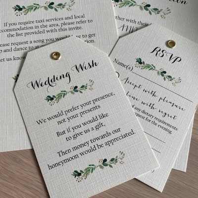 Pack of 10 Printed Wedding Invitation Tags RSVP Info Poem Set Botanical ...