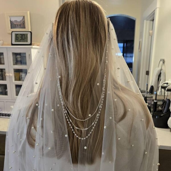 Boho Draped Wedding Veils,vintage Drape Veil With Pearls Wedding Draped ...