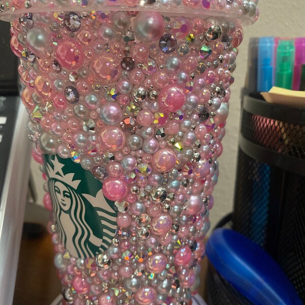 COTTON CANDY Vibes Tumbler Cold Cup With Pink, Grey, Silver Pearls and ...