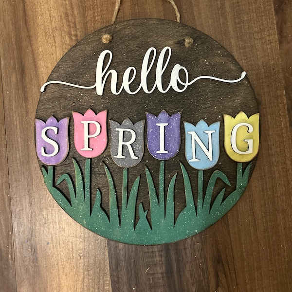 Hello Spring Tulips Sign, Round Door Hanger Svg, Spring Welcome Sign ...