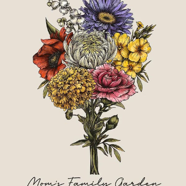 Color Birth Flower Family Bouquet, Personalised Birth Flower Print ...