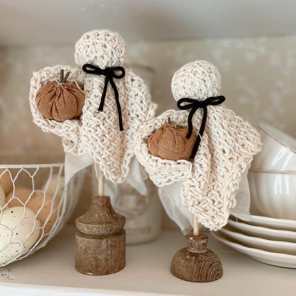 Crocheted Ghost With Repurposed Wooden Spindle Base, Vintage Halloween ...