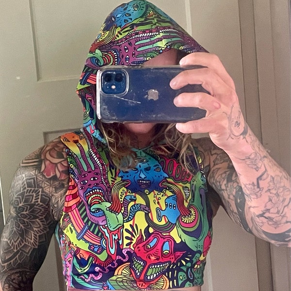 Green Hoodie Crop Top, Psychedelic Clothing, Crop Tops for Women, Rave ...