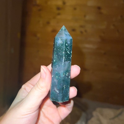 Moss Agate Tower Natural Moss Agate Point Carving Shaped - Etsy
