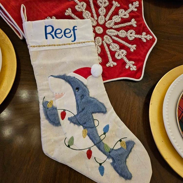 Shark Christmas Stocking, Christmas Stocking, Embroider Christmas ...