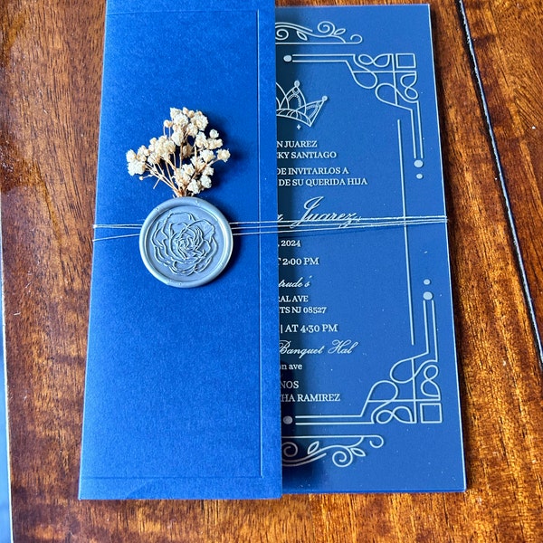 Blue Foil Acrylic Wedding Invitation: Floral Embellishments - Etsy