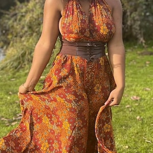 Hippie Boho Wide Leg Jumpsuit, Halter Tie Back Flare Pantsuit XS-4X ...