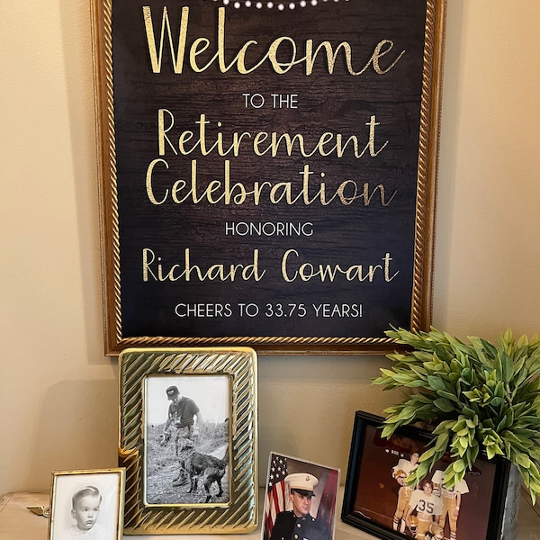 Retirement Celebration Welcome Sign, Rustic Gold Retirement Celebration ...