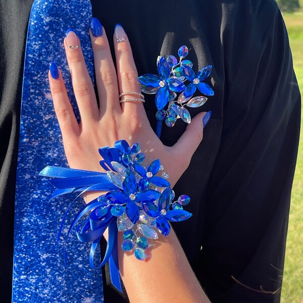 Cordelia Wrist Corsage in Royal Blue and Soft Iridescence With ...