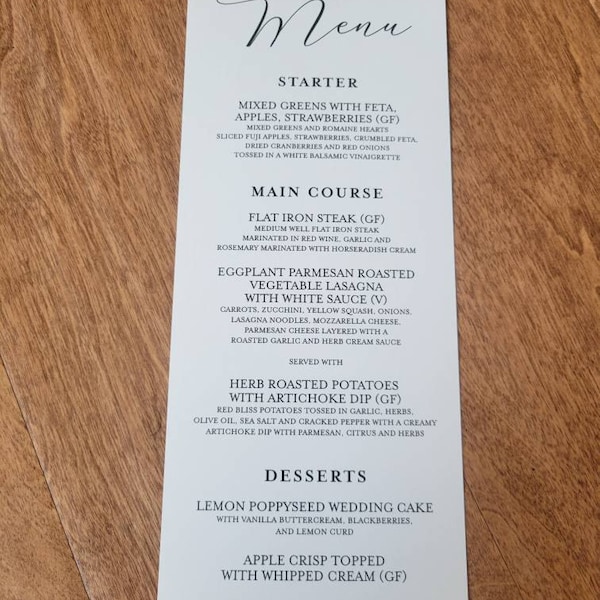 Simple Wedding Menu Cards - Printed Wedding Menus - Menus for Reception ...