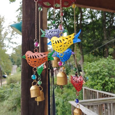 Carousel of Colorful Birds Wind Chime Wrought Iron, Hand Painted ...