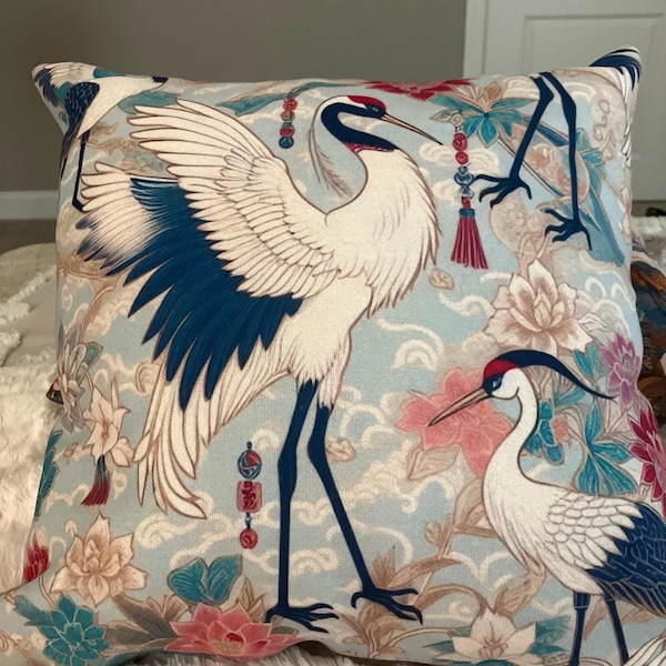 Chinoiserie Throw Pillow Cover | Crane Bird Pillow Case | Oriental ...