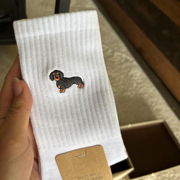 Funny Socks Women & Men • Sausage Dog Socks • Embroidered Socks • White ...