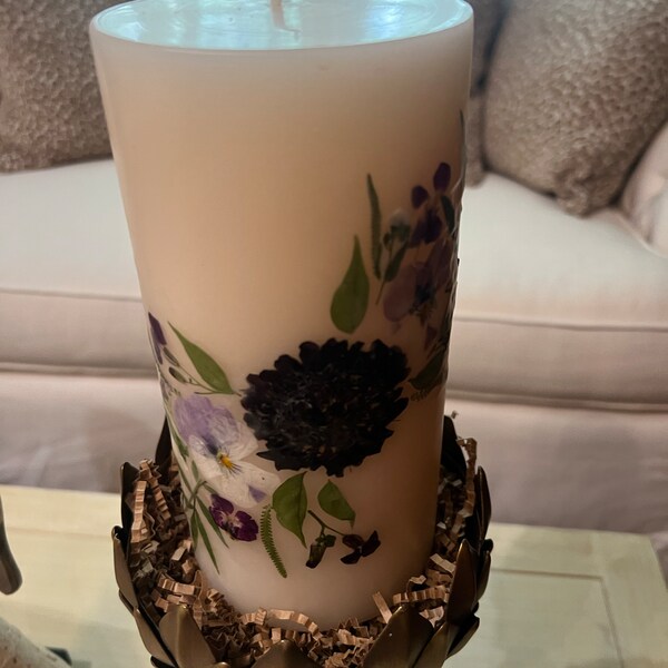 Pressed Flower Tall Pillar Candle - 3 Inch by 9 Inch - Wedding Pillar ...