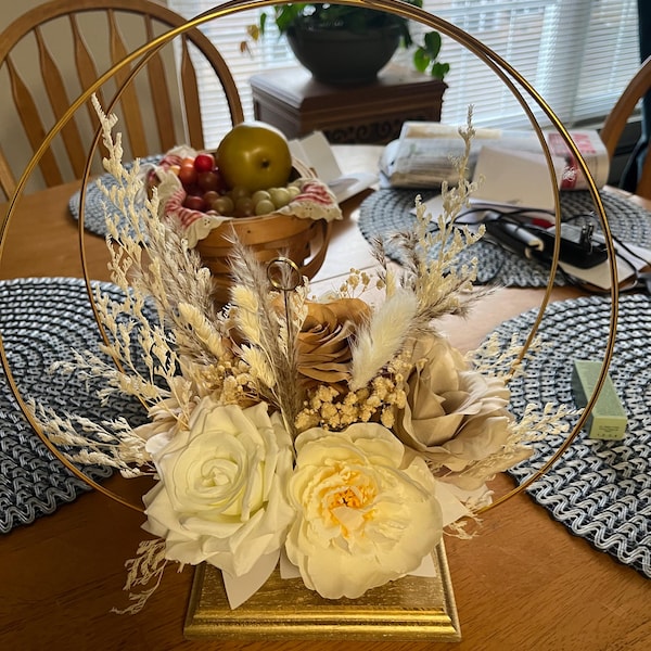 Handmade Gold Hoop Centerpieces With White and Ivory Artificial Flowers ...
