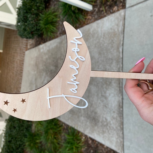 Personalized Crescent Moon Cake Topper: Wood & Acrylic, Space Theme - Etsy