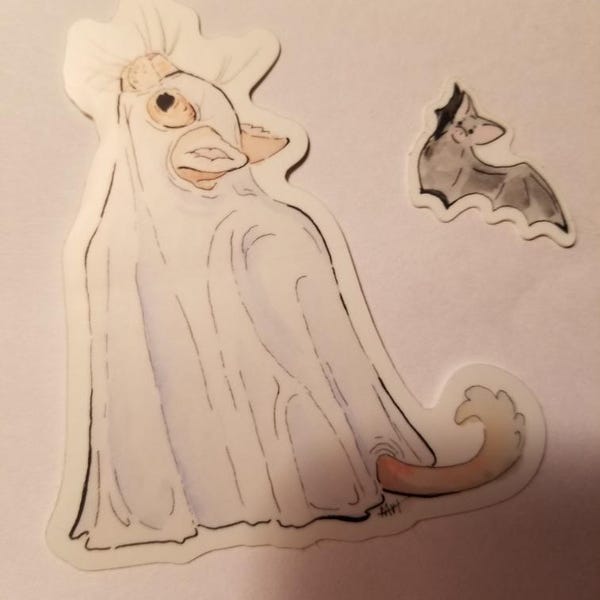 Spooky Ghost Cat and Bat Sticker - Etsy