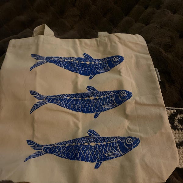 Hand Embroidered Red Sardine Fish Extra Large Canvas Tote Bag ...