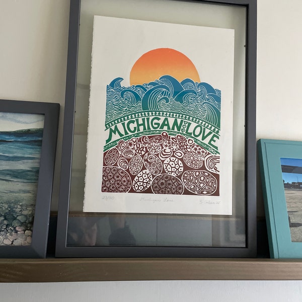 At the Beach, Linocut, Shells, Jellyfish, Ocean Art, Ocean Print - Etsy