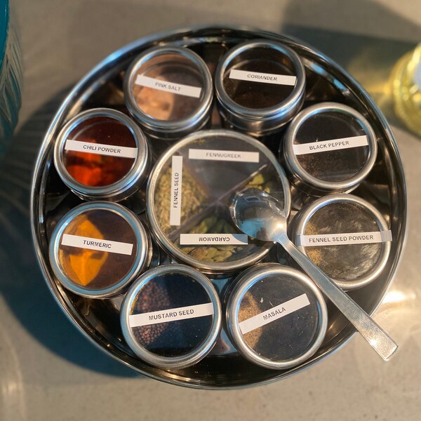 Stainless Steel Indian Spice Box, Steel Masala Dabba 12 Spices, Lid ...