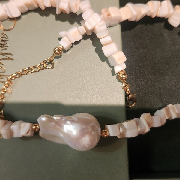 Coral Beaded Pearl Necklace, Single Baroque Pearl Design Choker ...