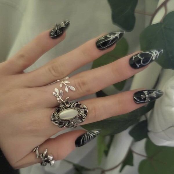 Gothic 3D Chrome Nails/slilver Press on Nails Short Almond Nails/silver ...