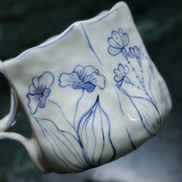 Handmade Unique Blue Floral Ceramic Mugs - Hand Painted Rustic Ceramic ...